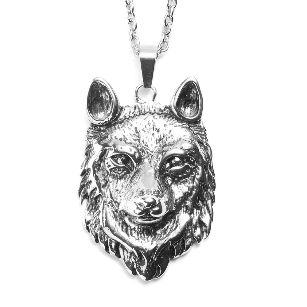 Stainless Steel Wolf Head Pendant Necklace - Gem